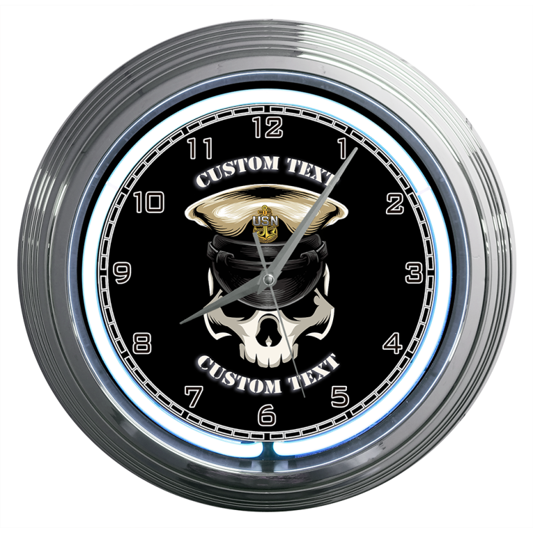 Custom Text Neon Navy Chief Skull Clock | Pitch and Rudder
